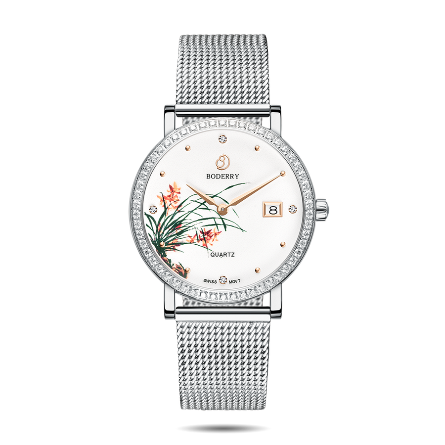 Boderry Flower - Women Watch - Orchid Sapphire Silver Mesh Thin Watch