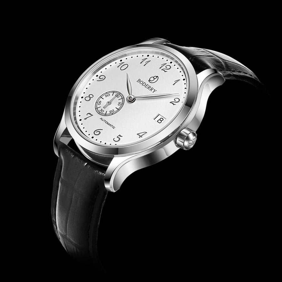 Mens Micro-rotor Automatic Watch | White & Silver with Leather Straps