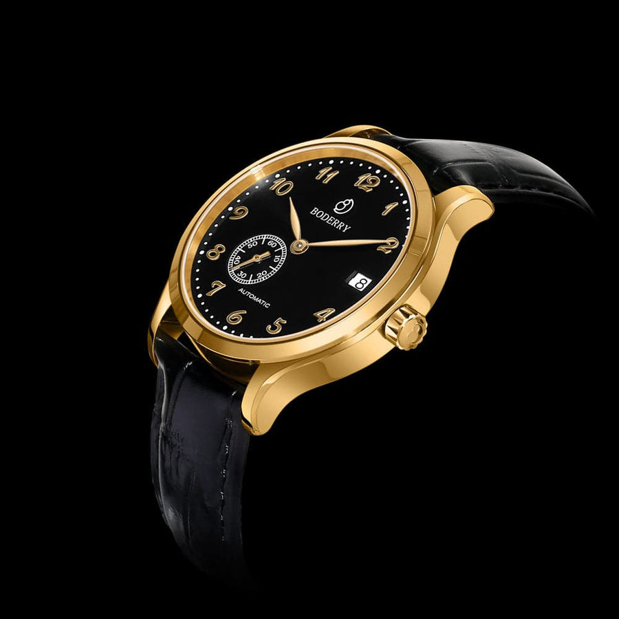 Mens Micro-rotor Automatic Watch | Black & Gold with Leather Straps