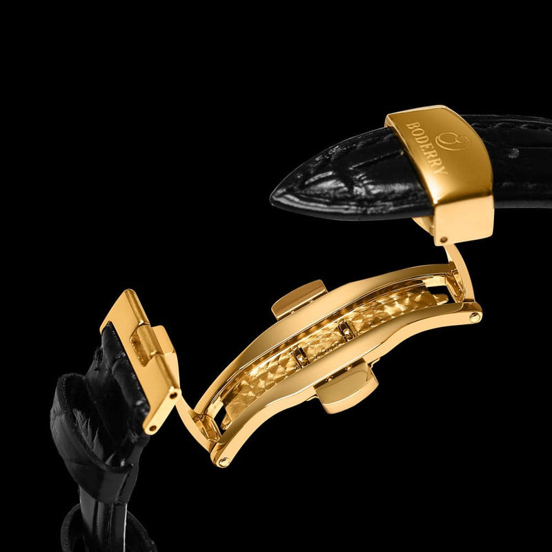 Mens Micro-rotor Automatic Watch | Black & Gold with Leather Straps