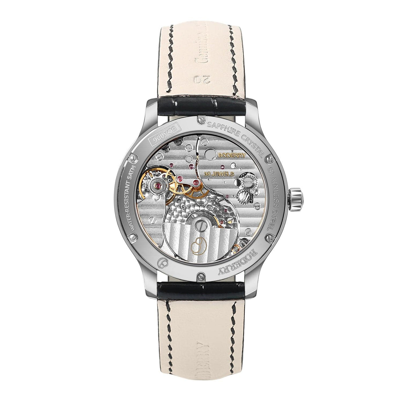 Mens Micro-rotor Automatic Watch | White & Silver with Leather Straps