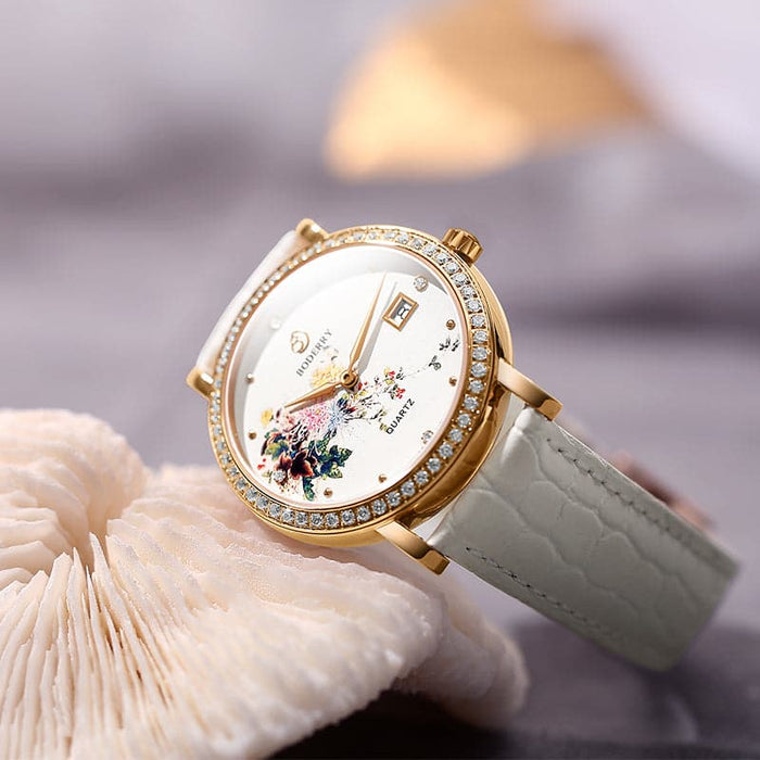 Boderry Flower - Womens Rose Gold Watches - Silver White Watch