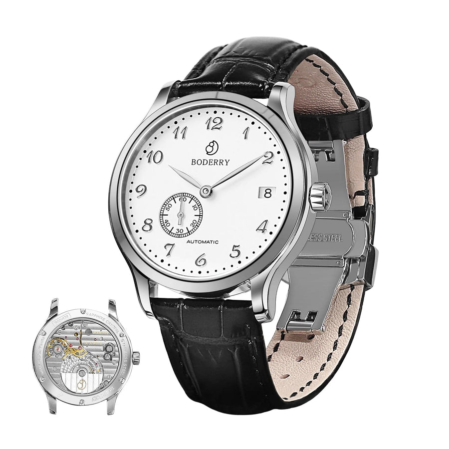 Mens Micro-rotor Automatic Watch | White & Silver with Leather Straps