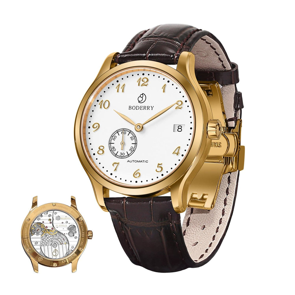 Mens Micro-rotor Automatic Watch | White & Gold with Leather Straps